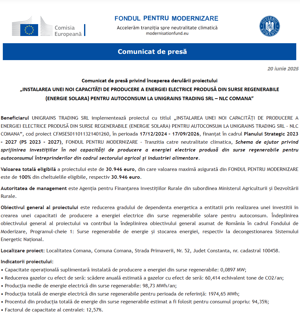 Comunicat de presă privind începerea derulării proiectului „INSTALAREA ...
